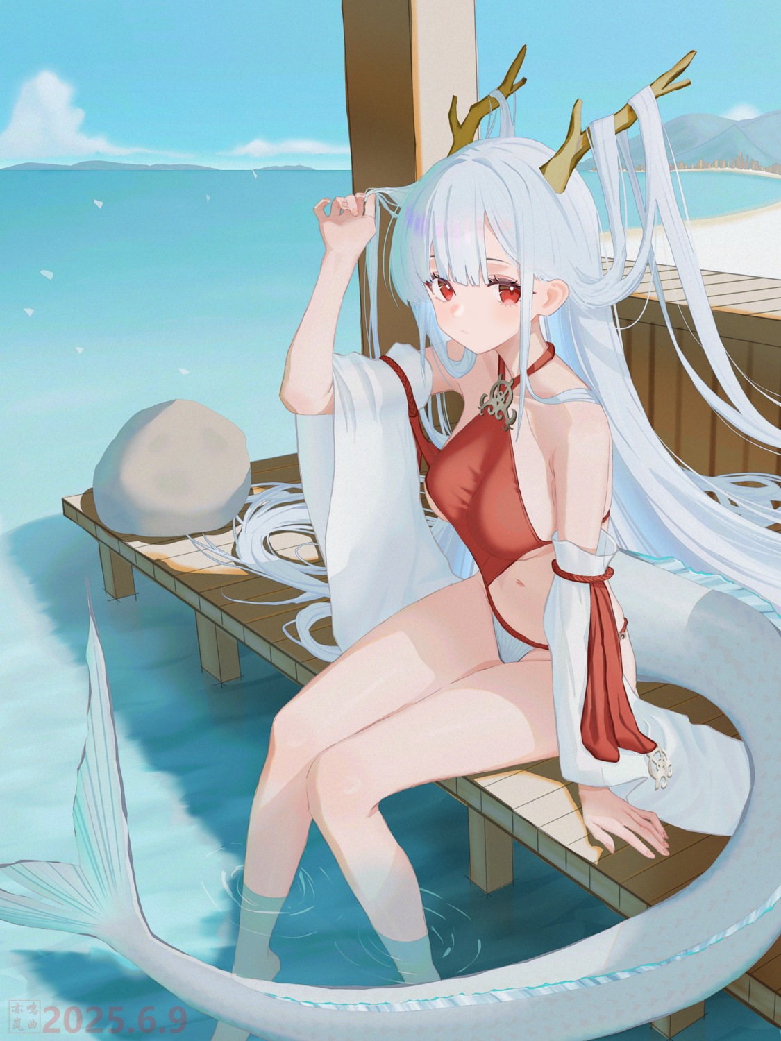 yi ming lan qu azur lane shimanto (azur lane) asian clothes fundoshi horns no bra tail thong wet ...